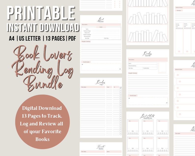 Reading Log Printable Journal, Book Review Journal, Bookshelf Book ...