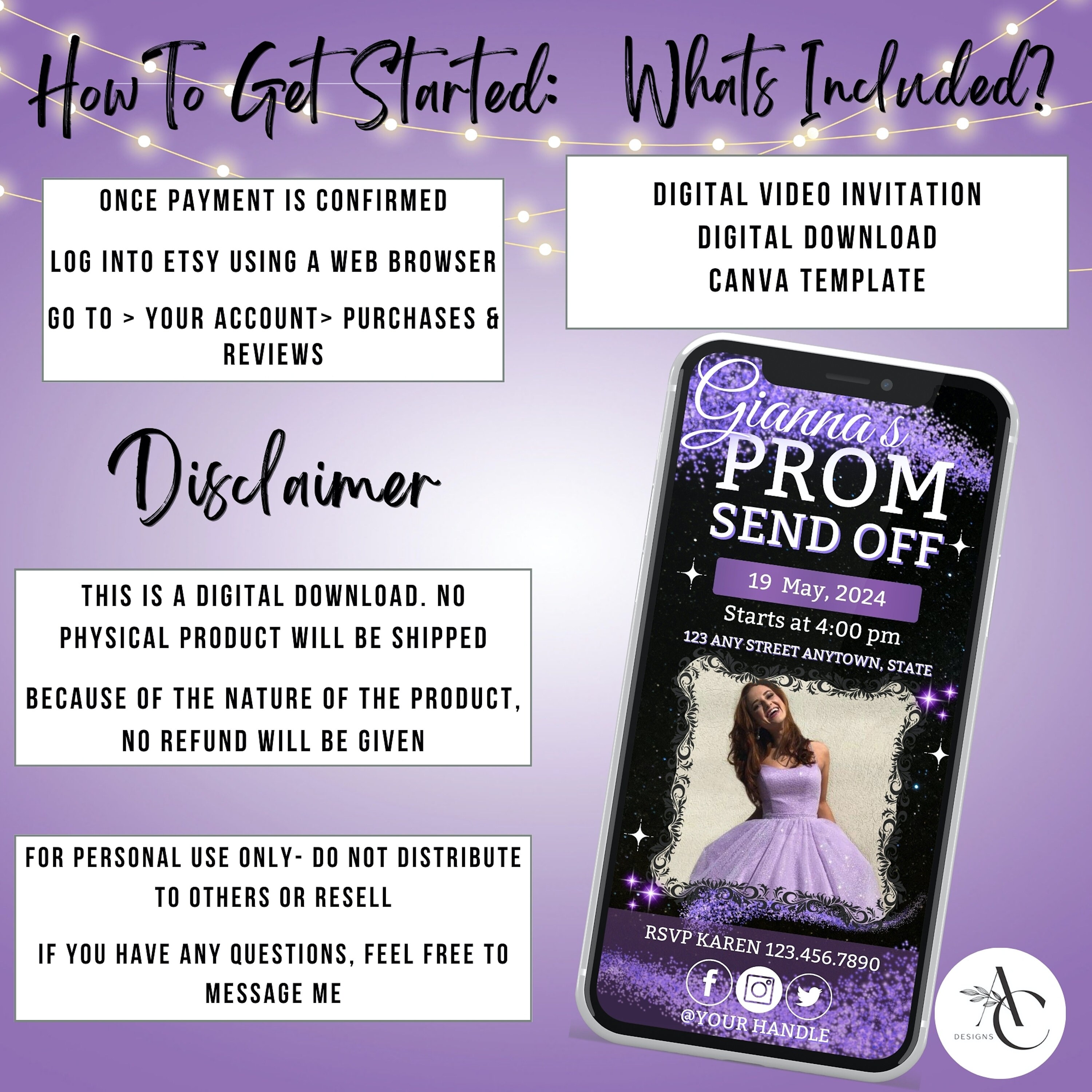 Animated Purple Prom Send off Video Invitation, Digital Prom Party ...