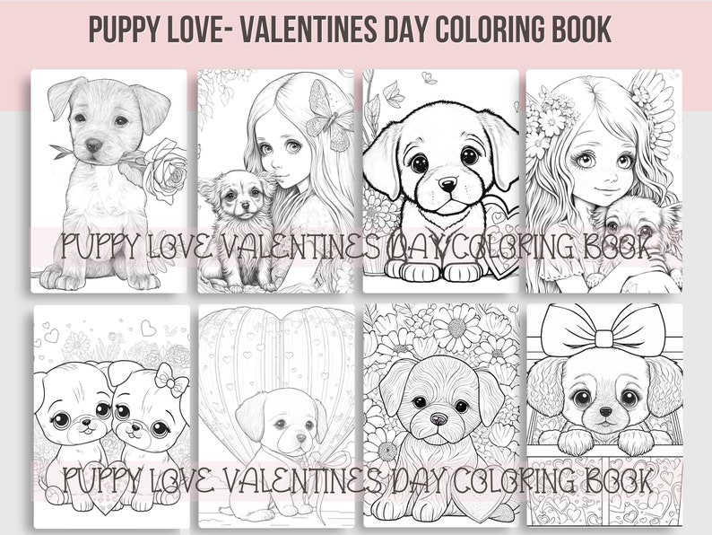 Cute Dogs Printable Coloring Book, Grayscale Coloring Book PDF, Puppies ...