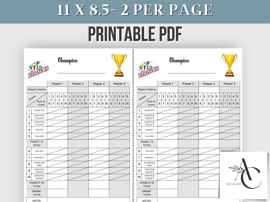 Phase 10 Score Card Printable: PDF Score Sheet (digital Download) - Etsy