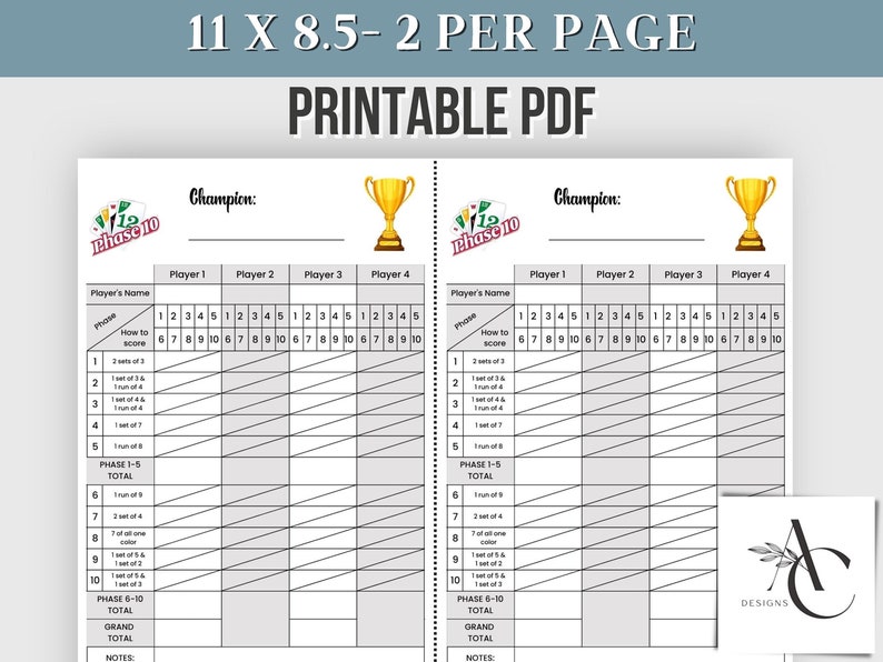 Phase 10 Score Card Printable: PDF Score Sheet (digital Download) - Etsy