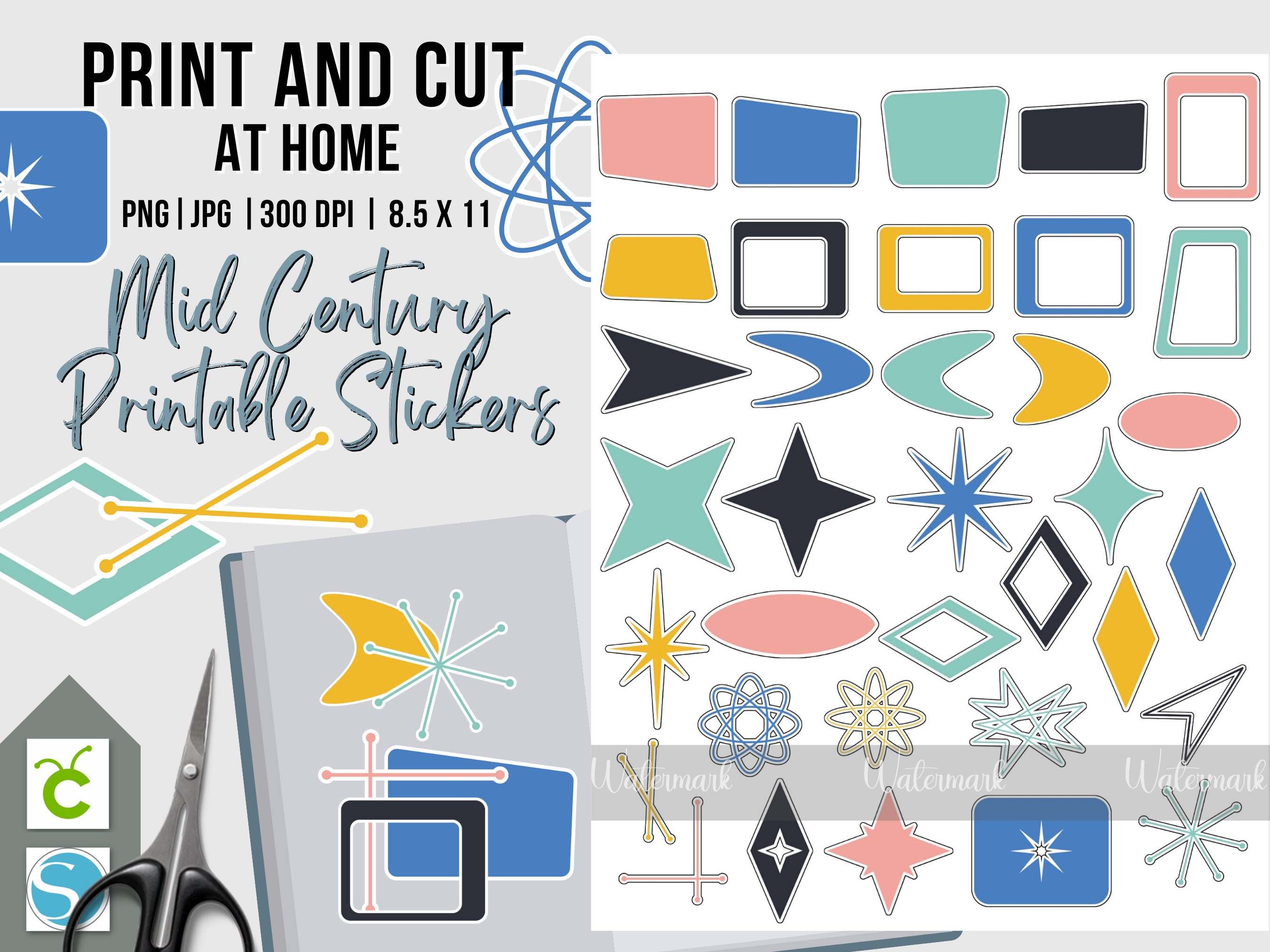 Printable Mid Century Modern Stickers for Planner & Crafts, Retro ...