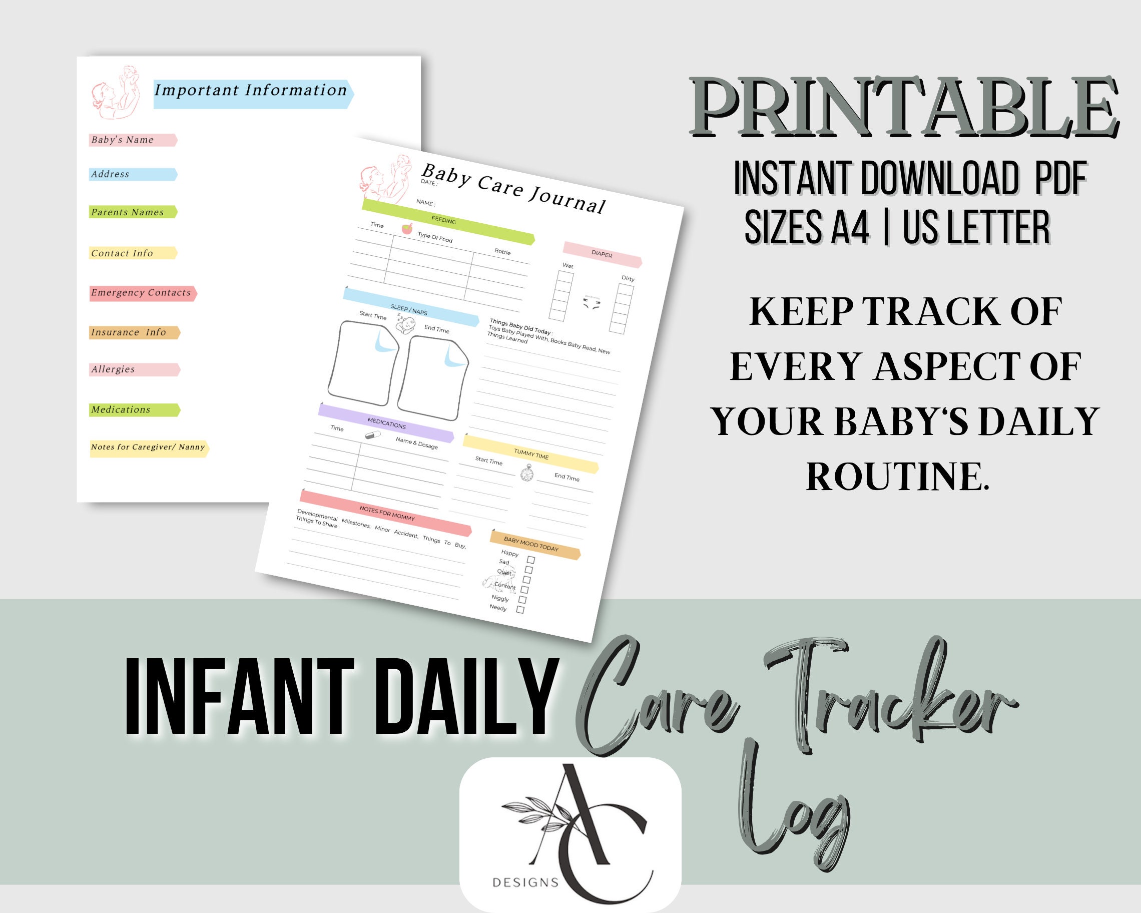 Printable Baby Care Tracker Log for New Mom Nanny or - Etsy