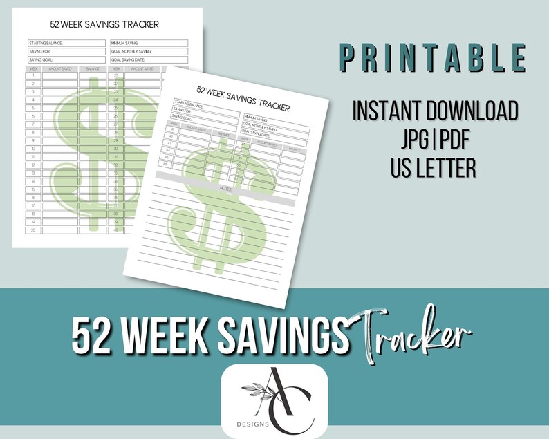 52 Week Savings Chart Printable, 52 Week Challenge Saving Tracker ...