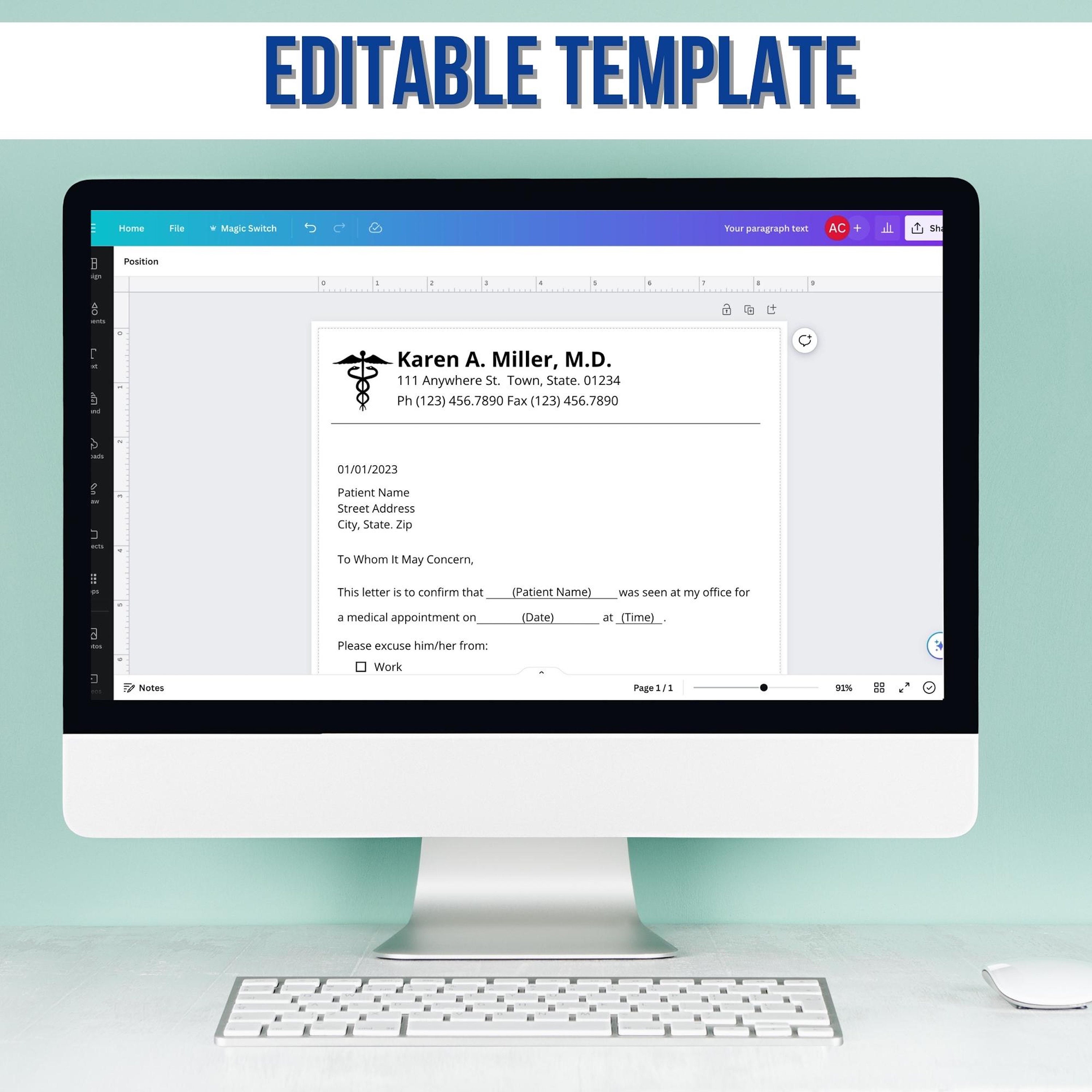 Editable Doctor's Excuse Template: Printable Medical Note (PDF, Word, Canva) - Etsy
