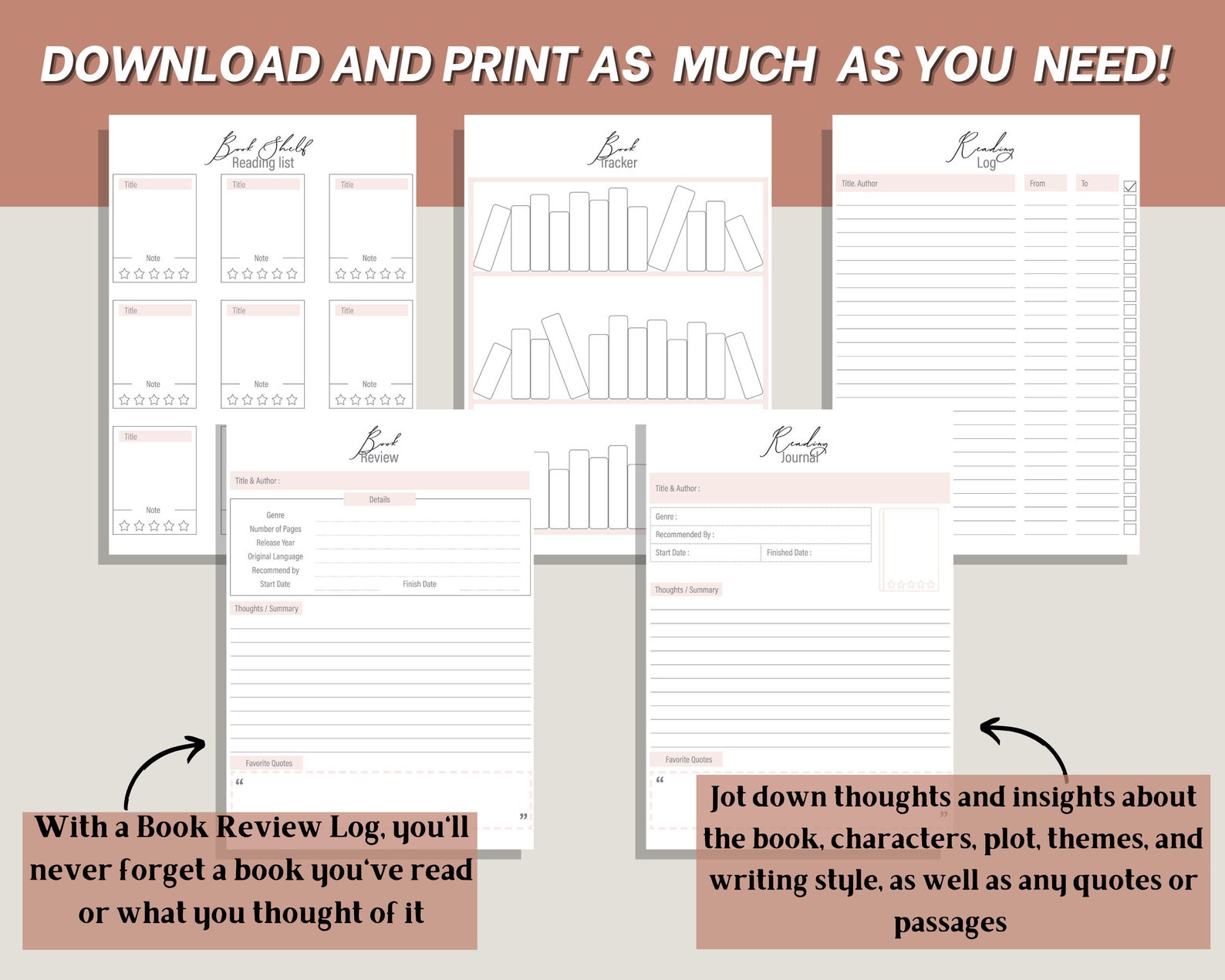 Reading Log Printable Journal, Book Review Journal, Bookshelf Book ...