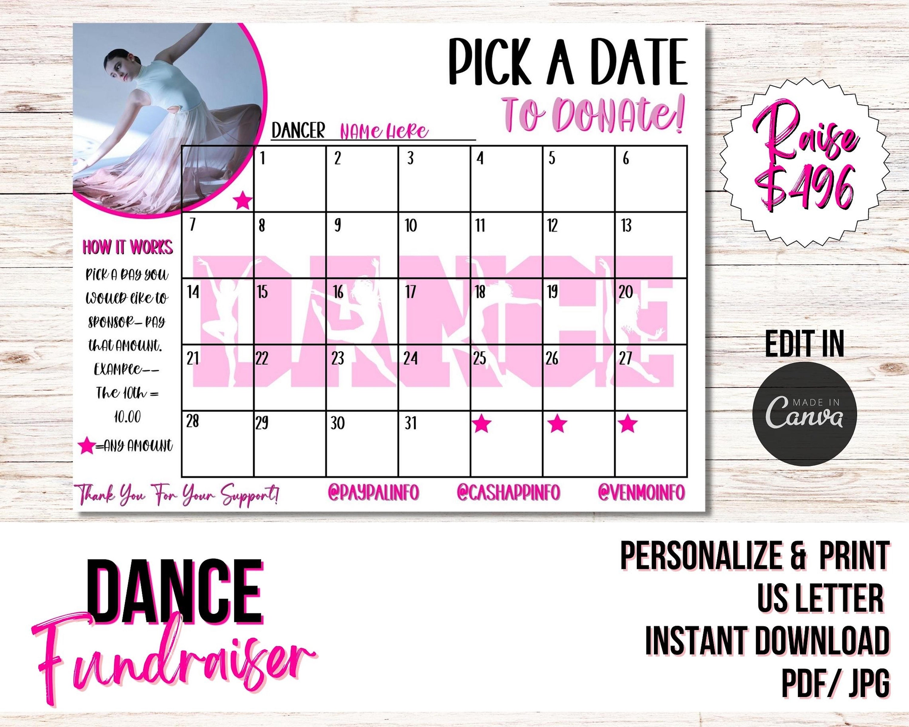 Dance Team Fundraiser Calendar: Pick a Date, Editable Canva Template ...