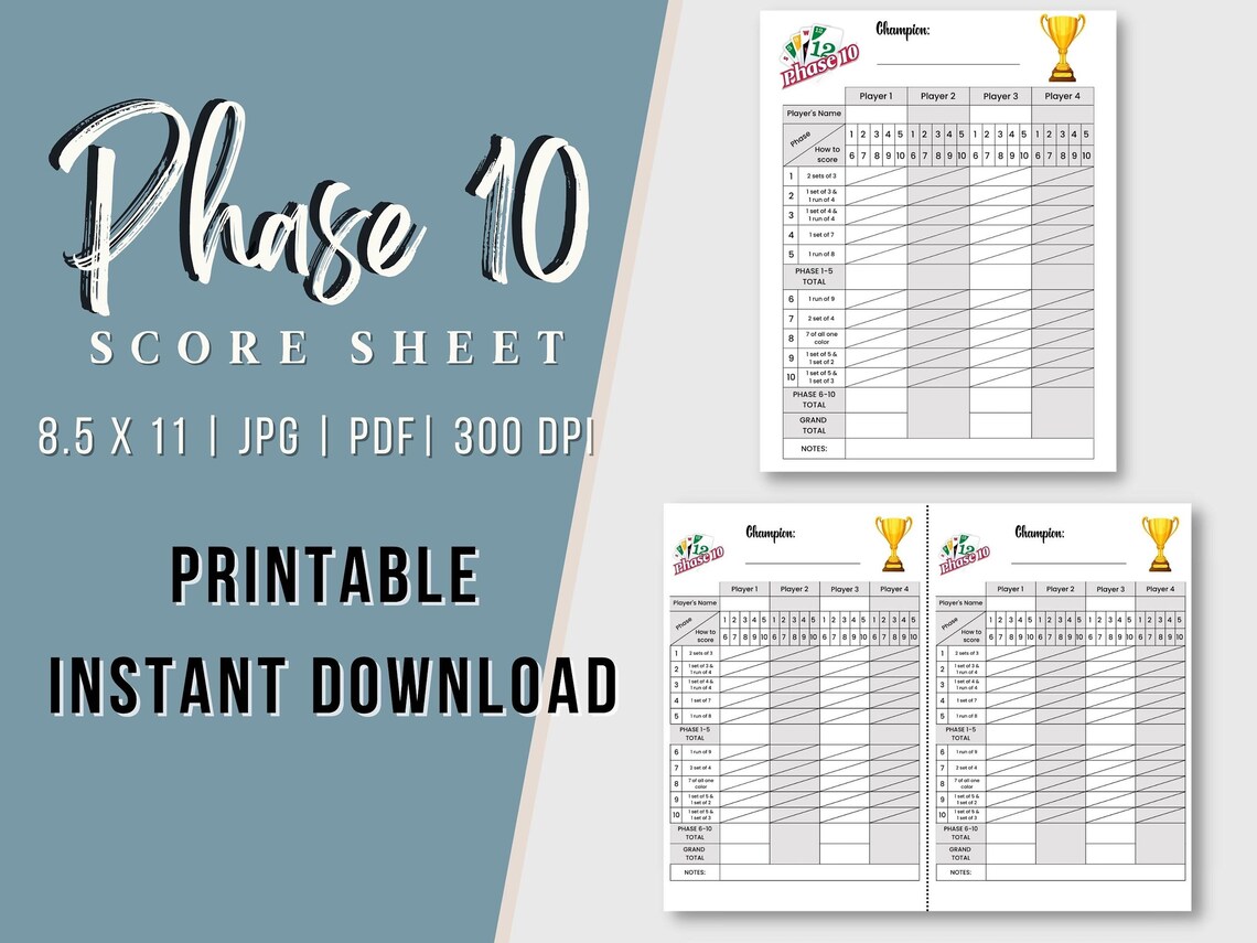 Phase 10 Card Game Printable Score Card Phase 10 Pdf Score Sheet
