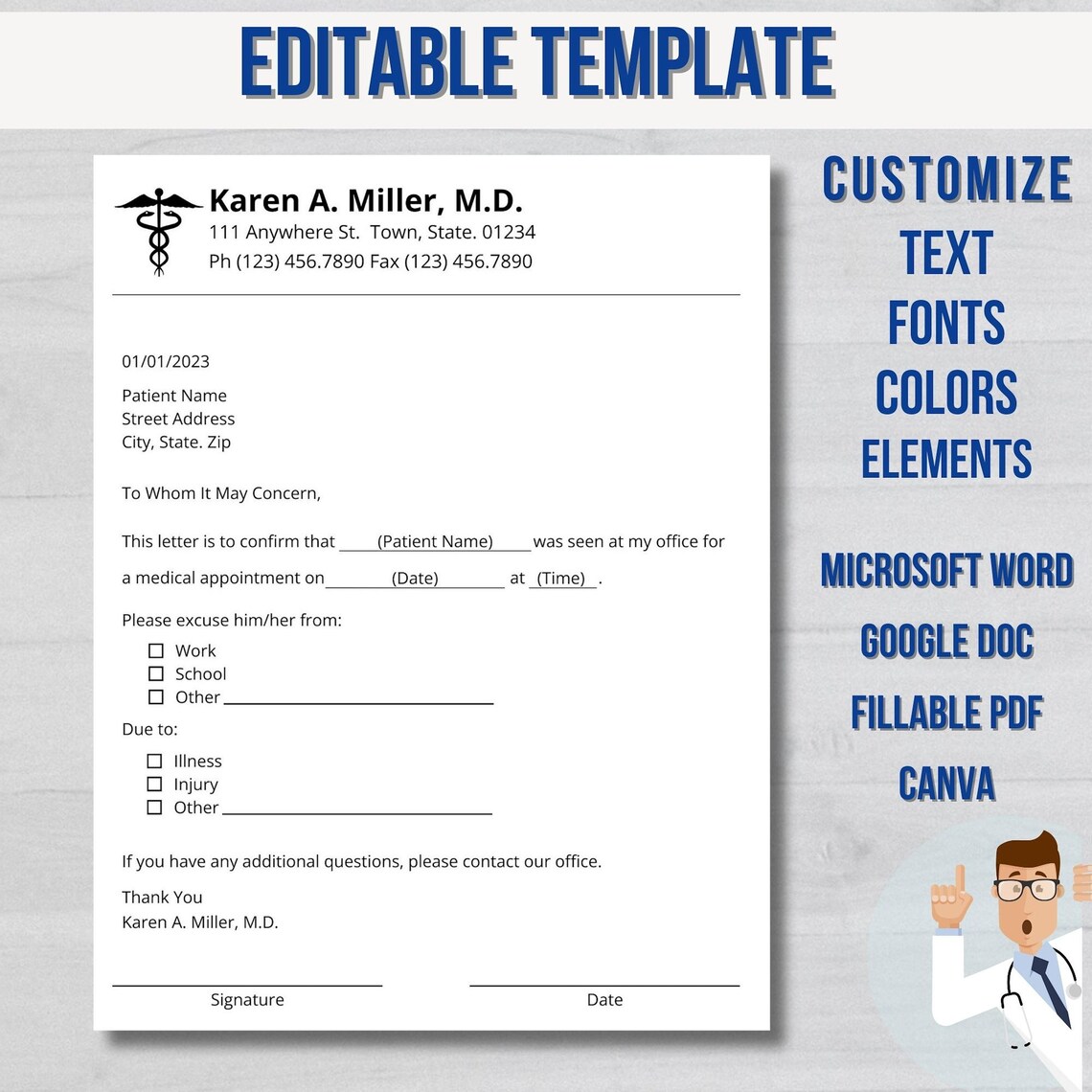 Editable Doctor's Excuse Template: Printable Medical Note (PDF, Word ...
