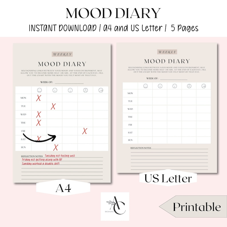 Mood Tracker Printable Journal Inserts, Mood Journal Planner Template ...