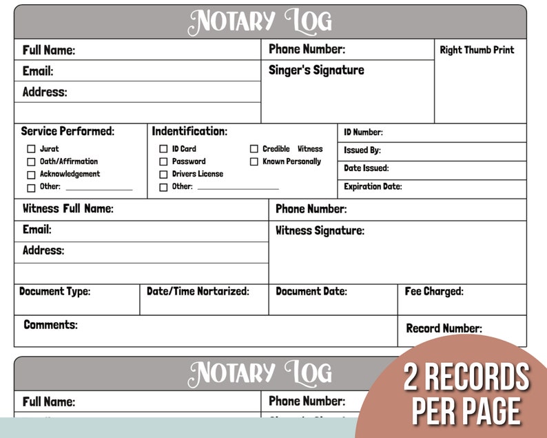 Printable Notary Log Journal for Notary Public Notary Record - Etsy