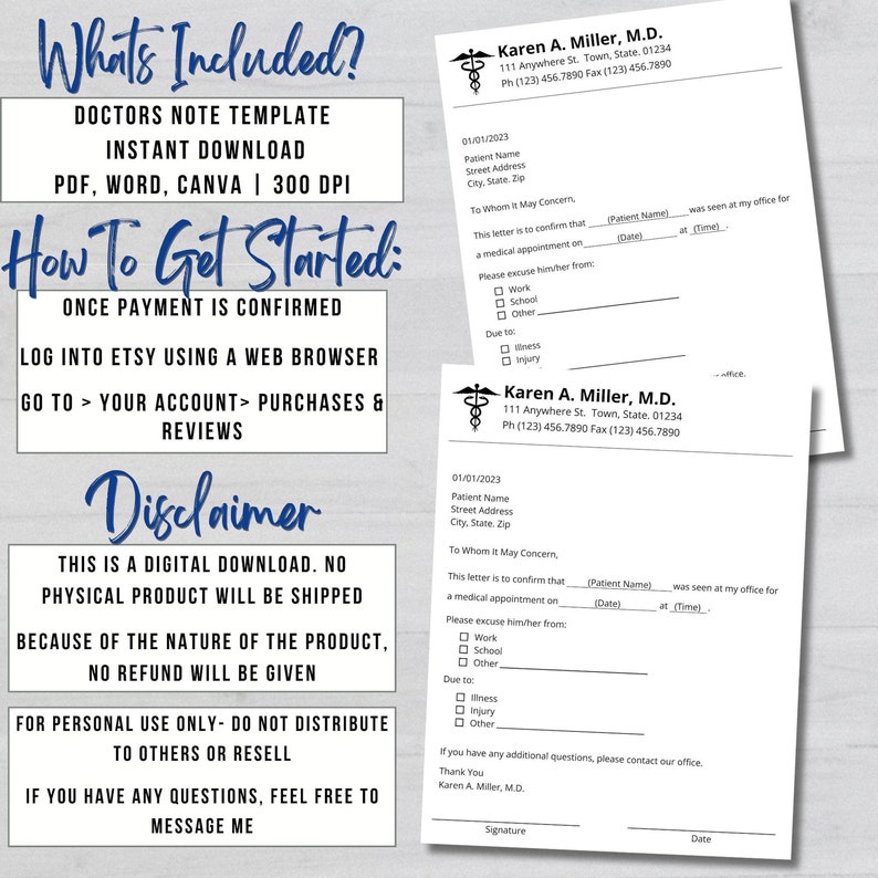 Editable Doctor's Excuse Template: Printable Medical Note (PDF, Word ...