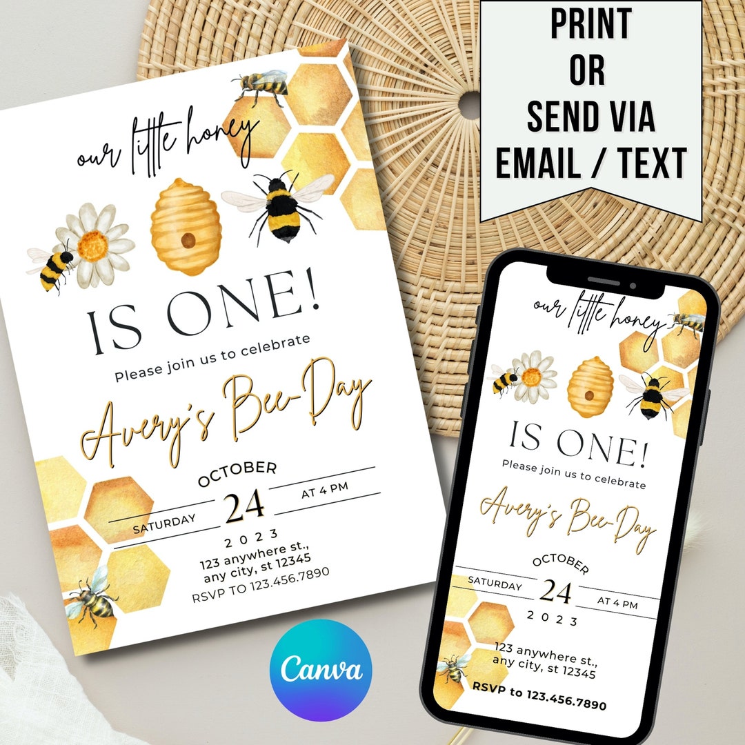 Bee First Birthday Editable Invitation, First Bee Day Invitation, Sweet ...