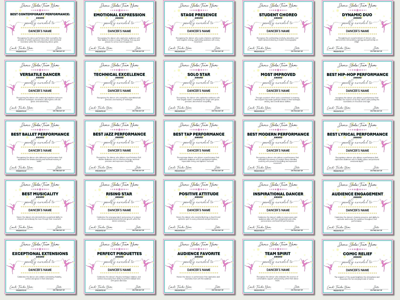 Dance Team Awards: Editable Certificate Templates (canva) - Etsy