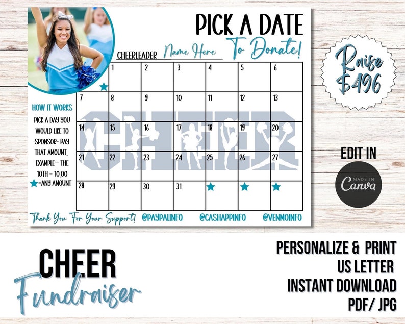 Cheer Fundraiser Calendar: Pick a Date, Editable Canva Template ...