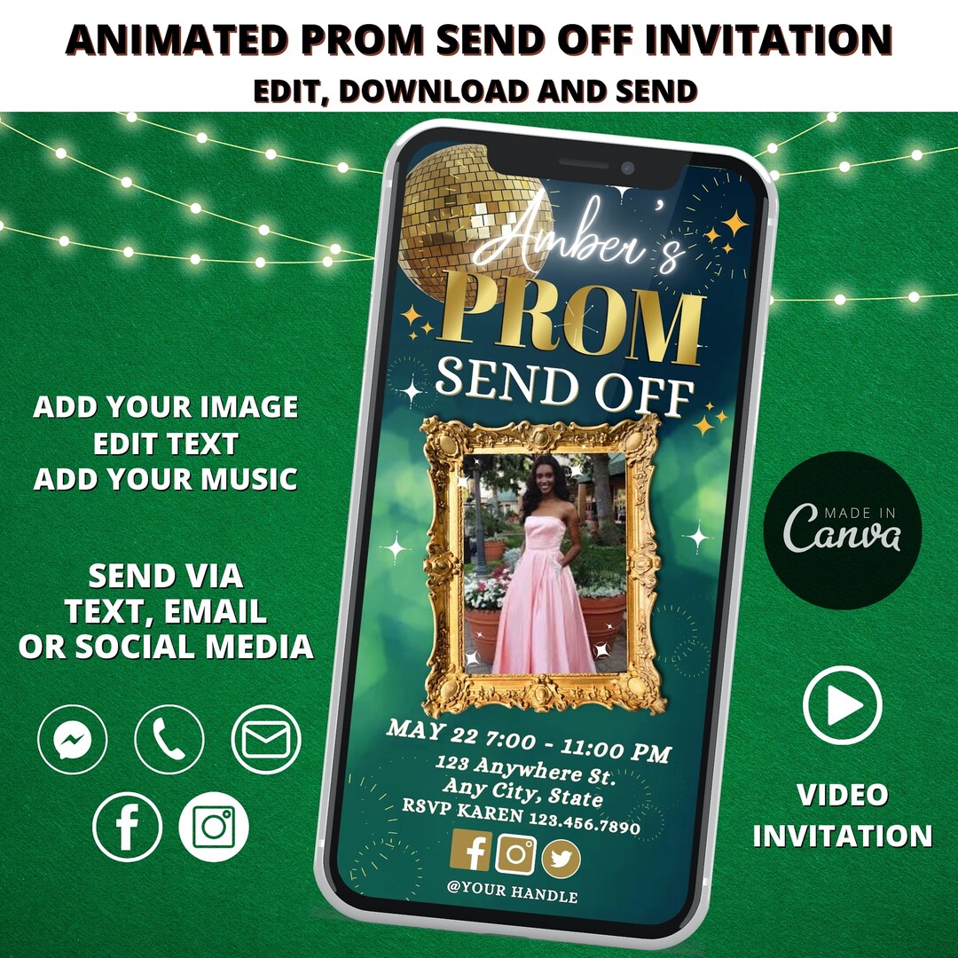 Animated Green Prom Send off Video Invitation, Digital Prom Party ...