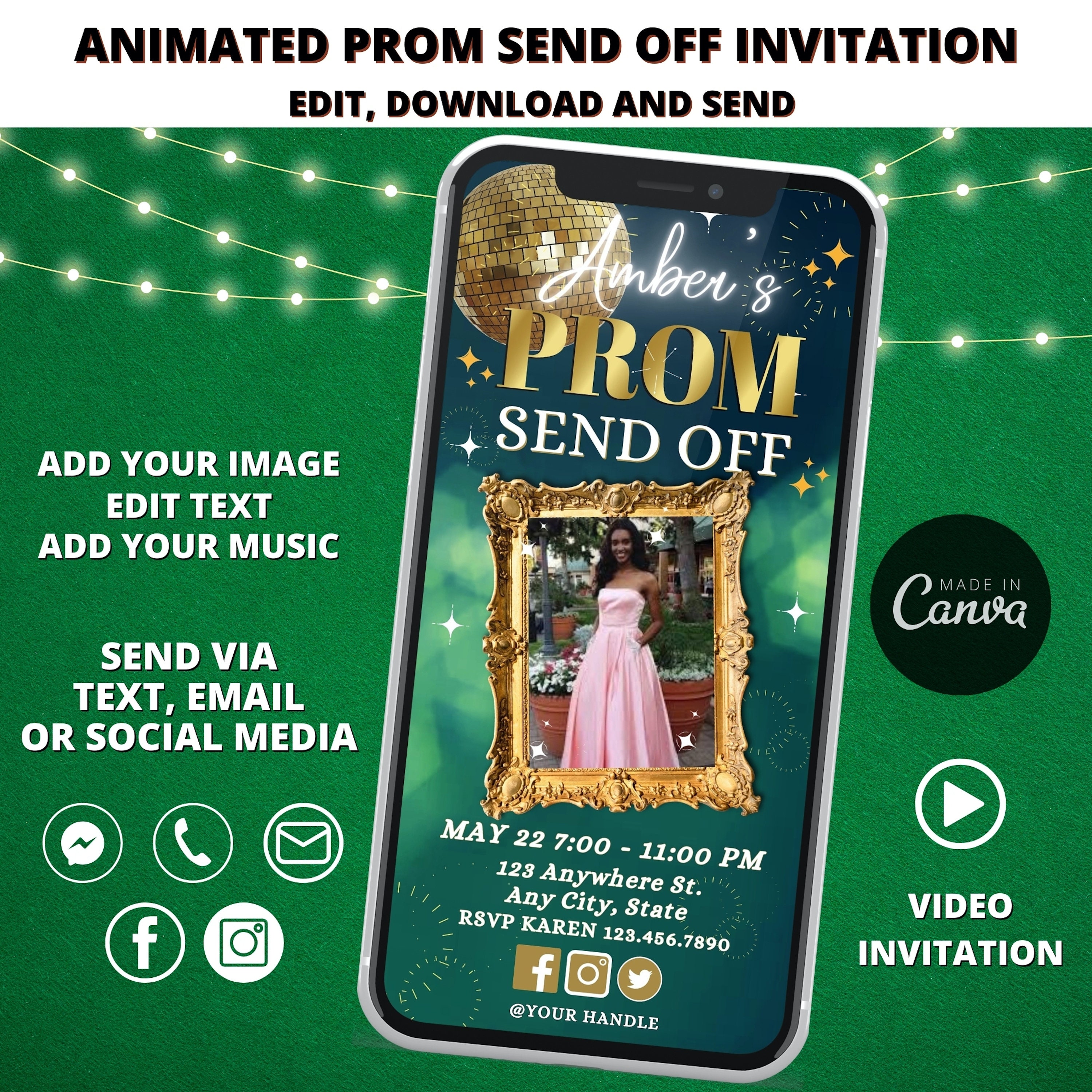 Animated Green Prom Send off Video Invitation, Digital Prom Party ...