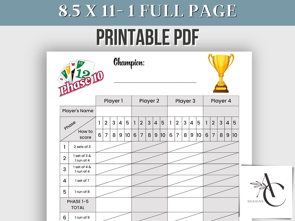 Phase 10 Score Card Printable: PDF Score Sheet (digital Download) - Etsy