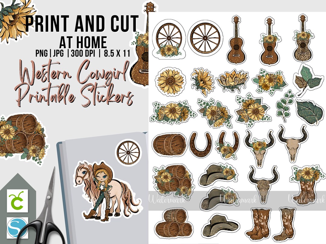 Country Western Printable Sticker Sheet, Print and Cut Cowgirl Sticker ...