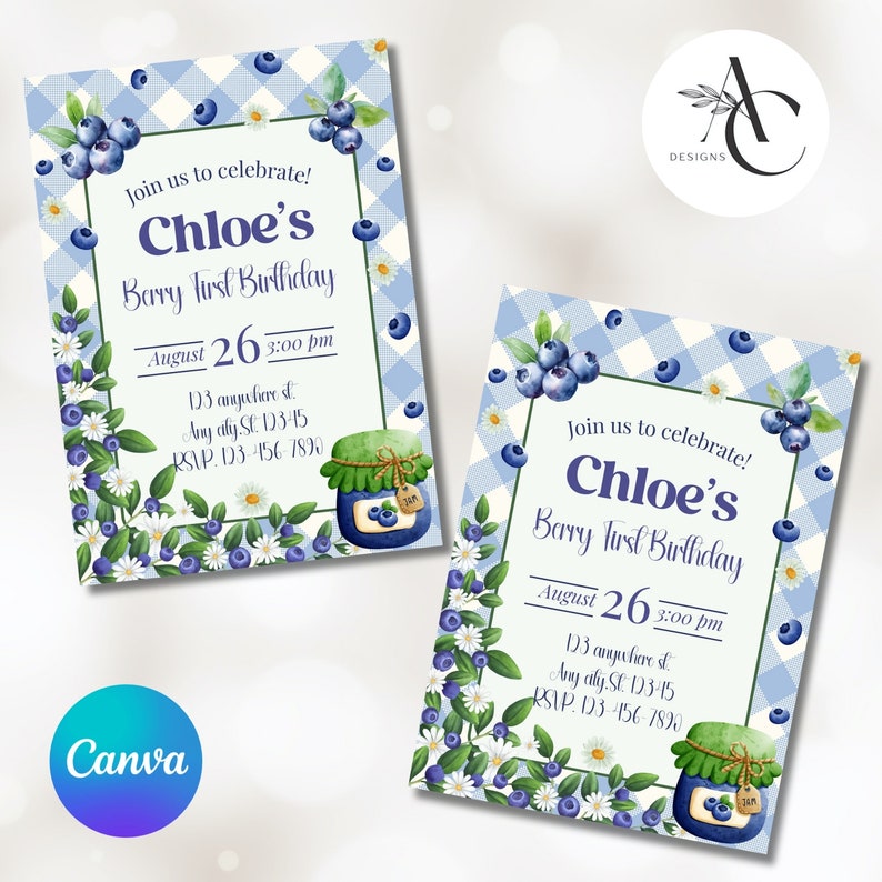 Berry First Birthday Invitation: Blueberry Party, Editable Digital ...