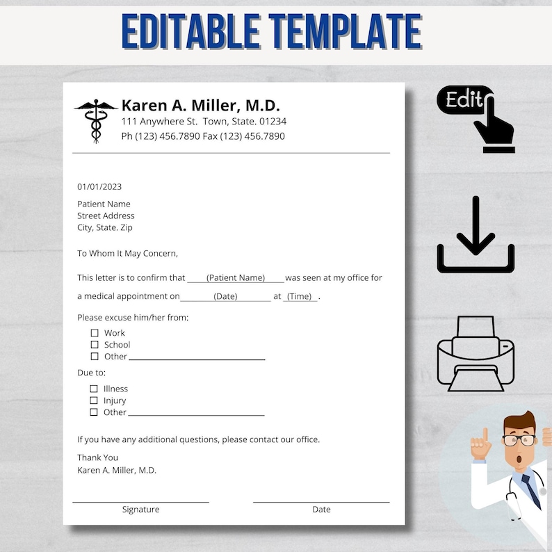 Editable Doctor's Excuse Template: Printable Medical Note (PDF, Word ...