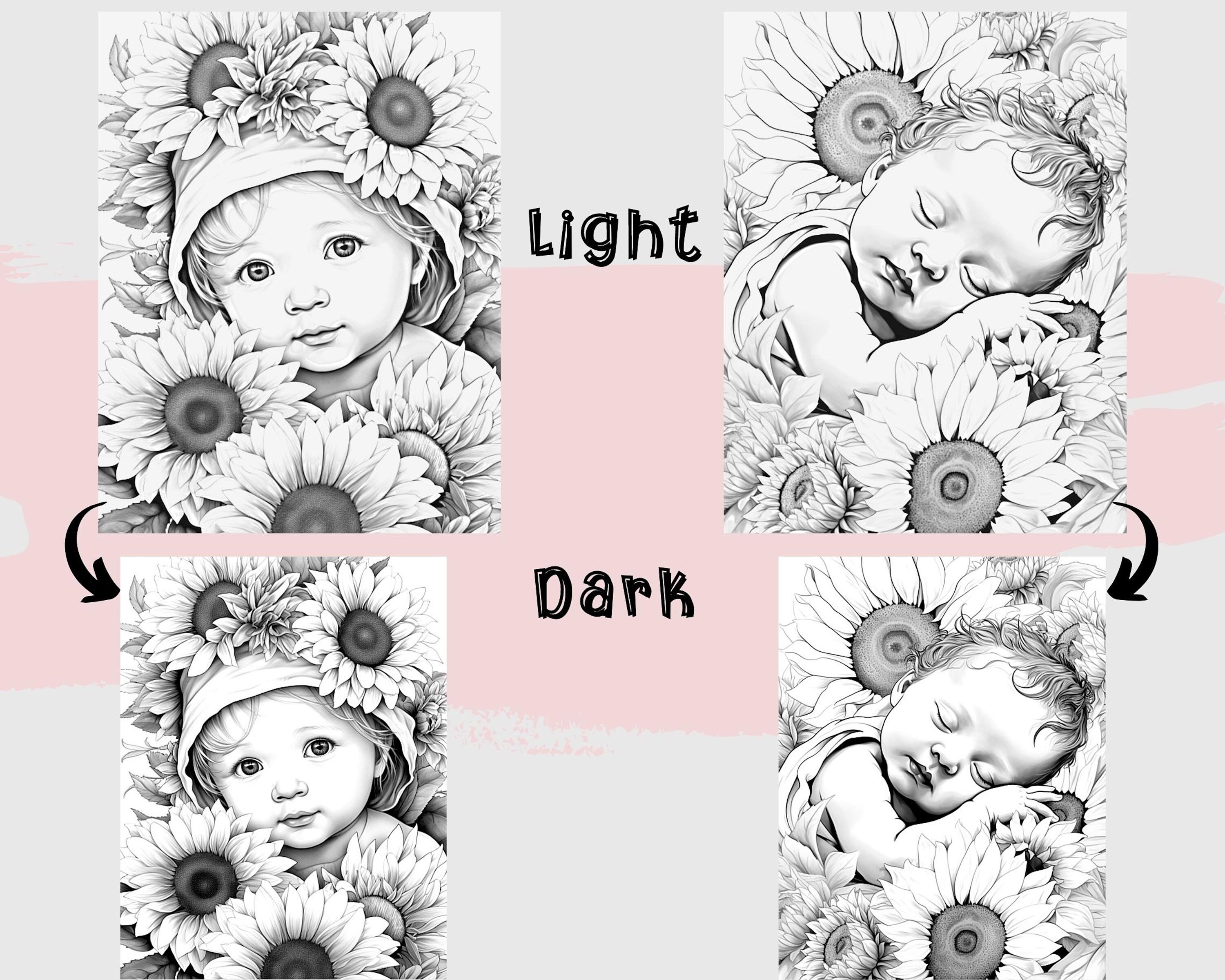 Sunflower Baby Coloring Pages, Realistic Grayscale Coloring, Cute Baby ...
