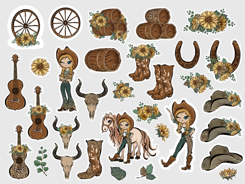 Country Western Printable Sticker Sheet, Print and Cut Cowgirl Sticker ...