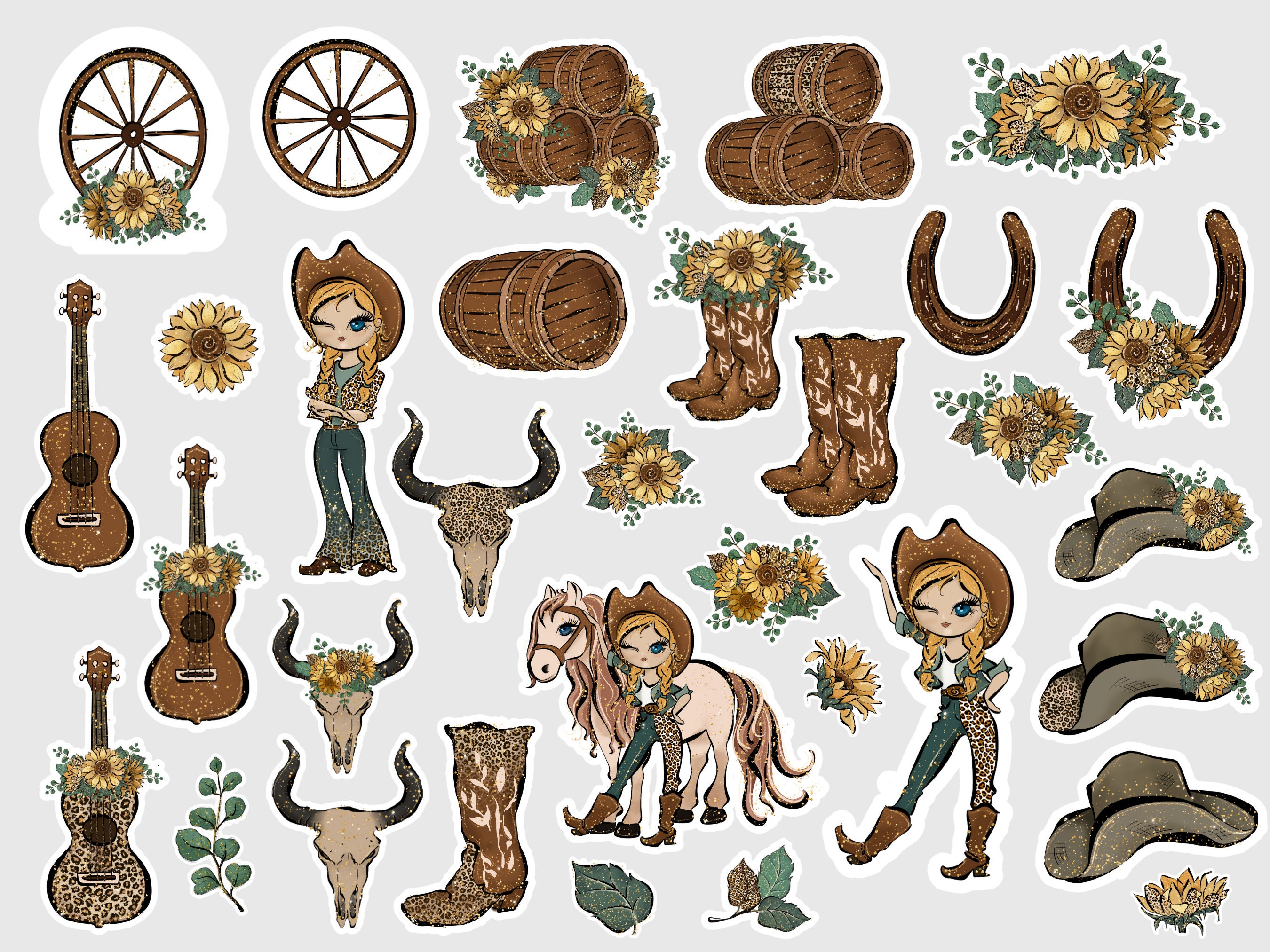 Country Western Printable Sticker Sheet, Print and Cut Cowgirl Sticker ...