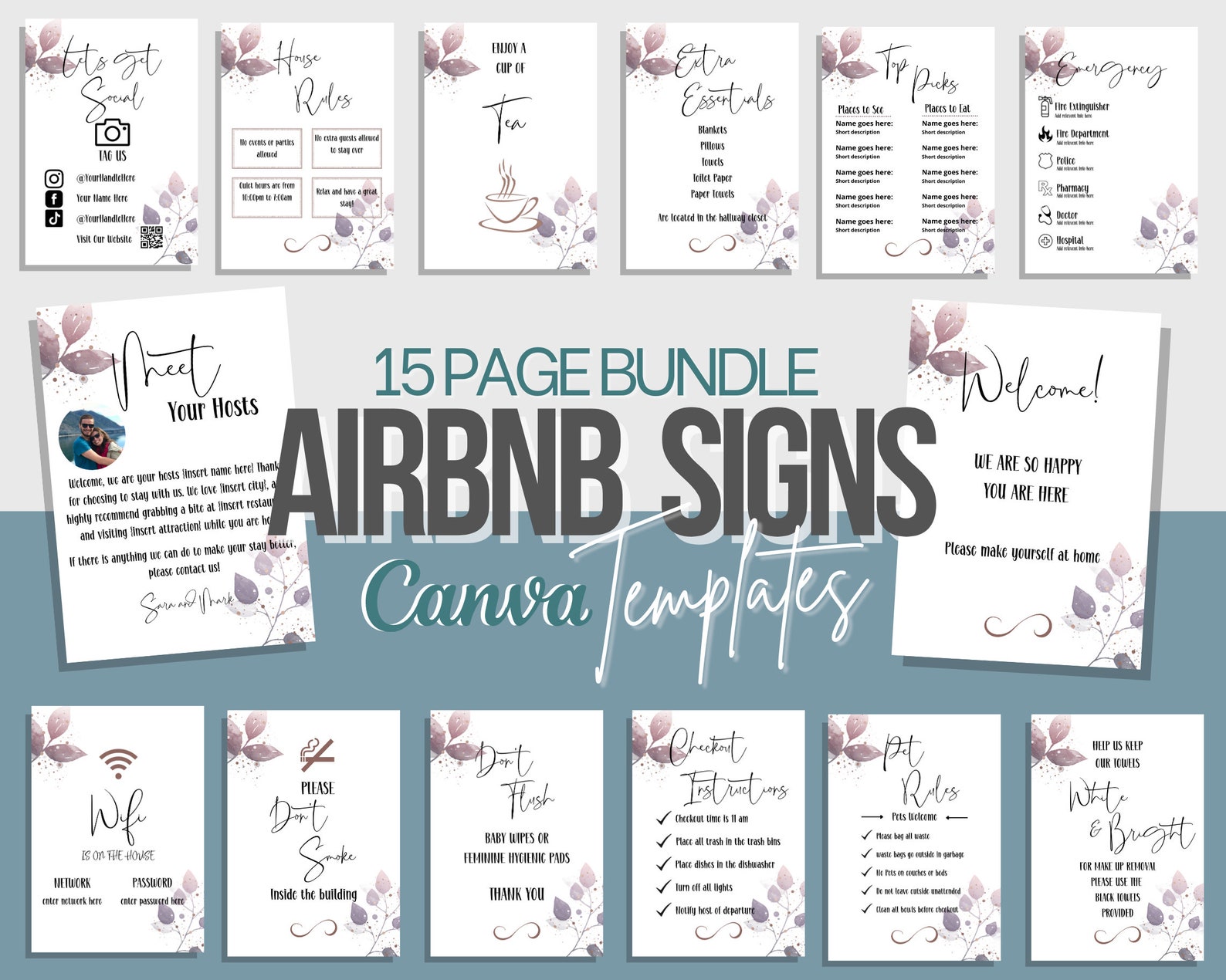 Printable Airbnb Sign Bundle: Vacation Rental Canva Template (15 Pages ...