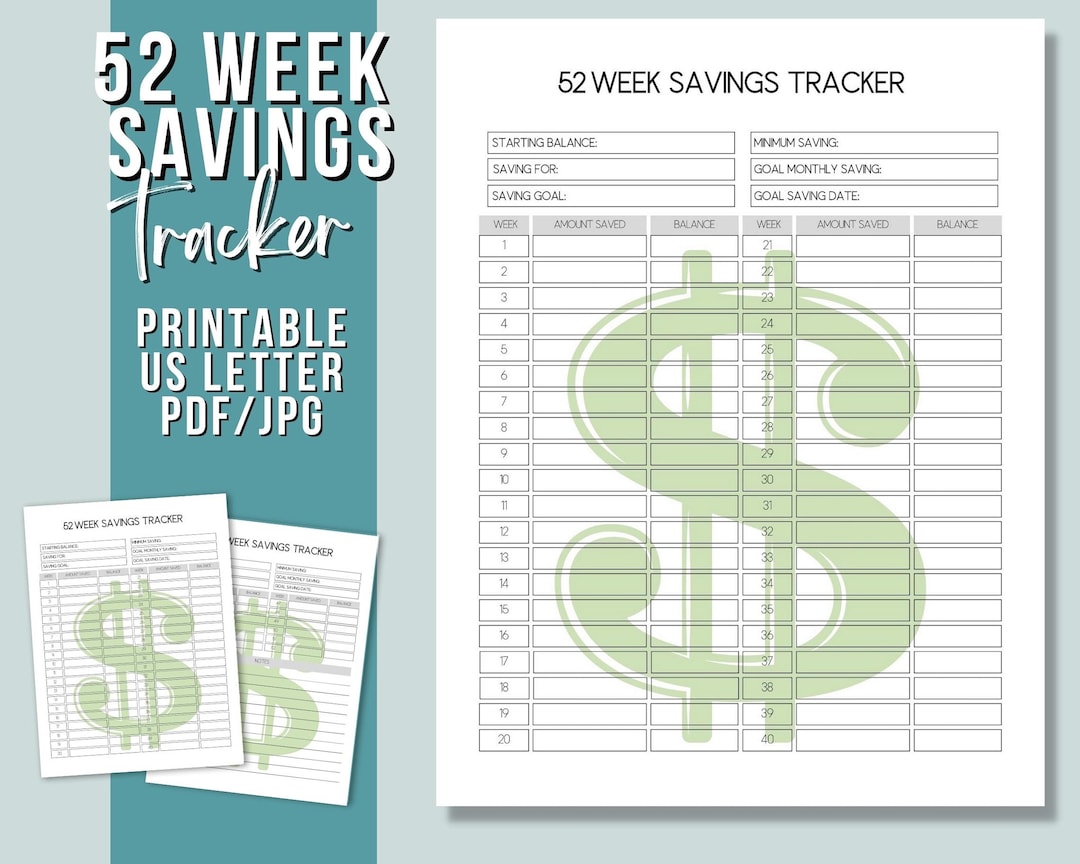 52 Week Savings Chart Printable, 52 Week Challenge Saving Tracker ...