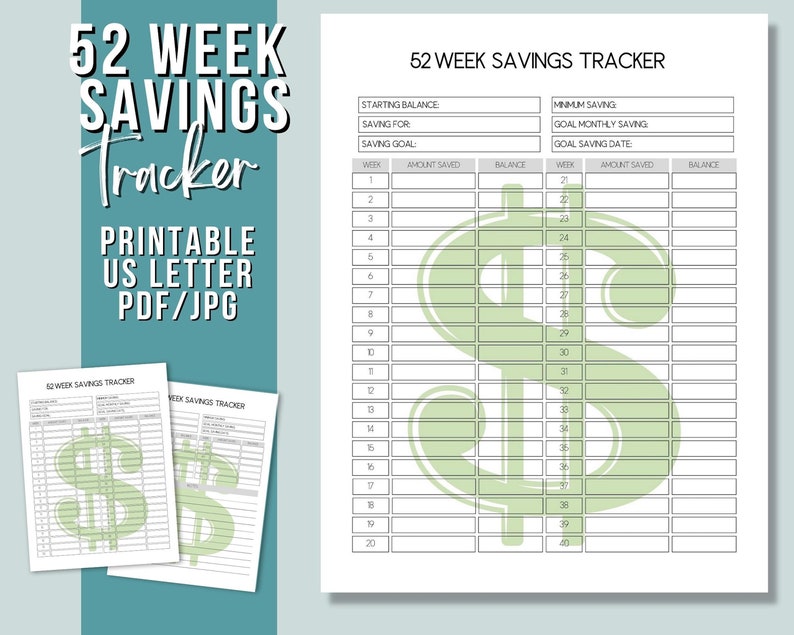 52 Week Savings Chart Printable, 52 Week Challenge Saving Tracker ...