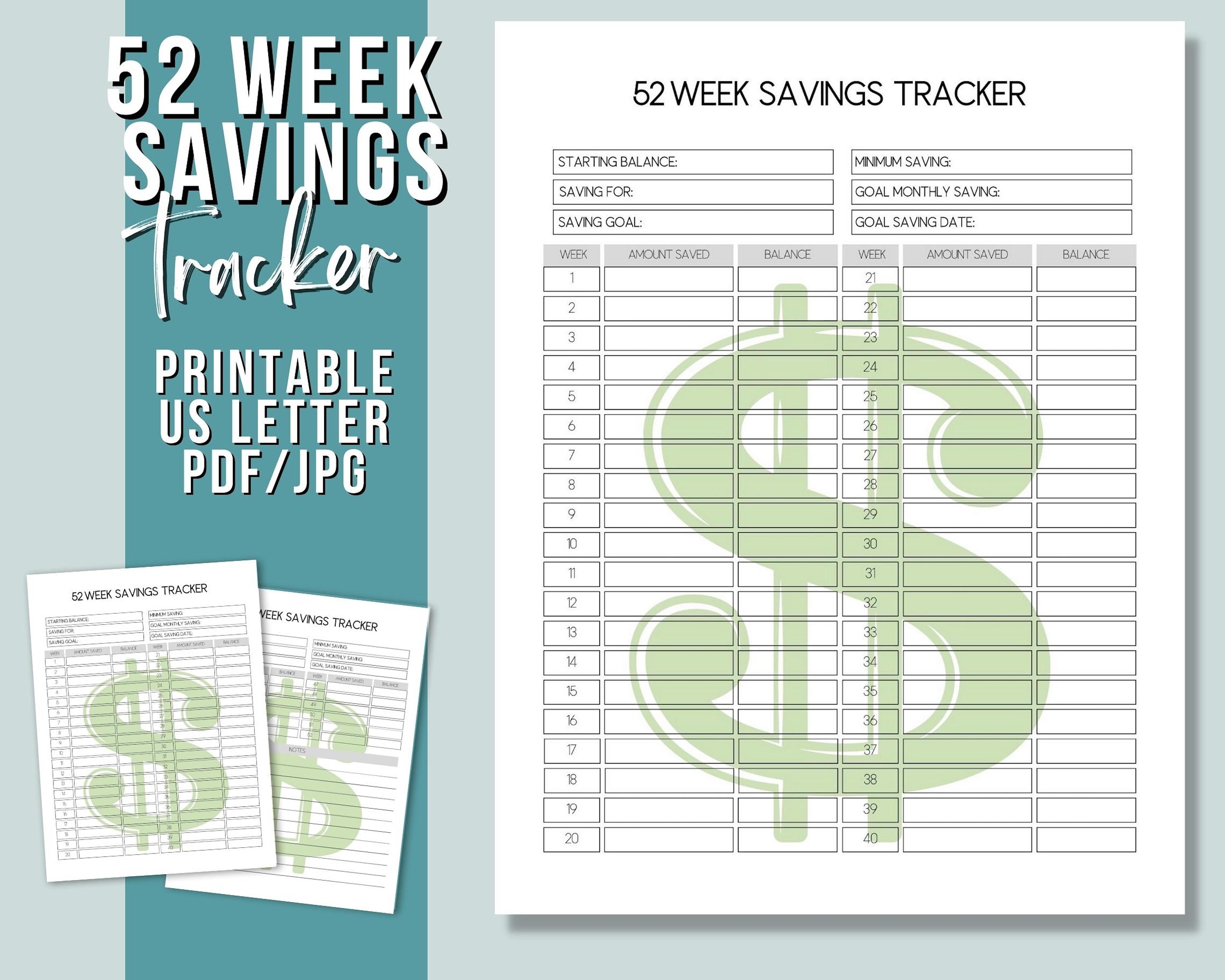52 Week Savings Chart Printable, 52 Week Challenge Saving Tracker ...