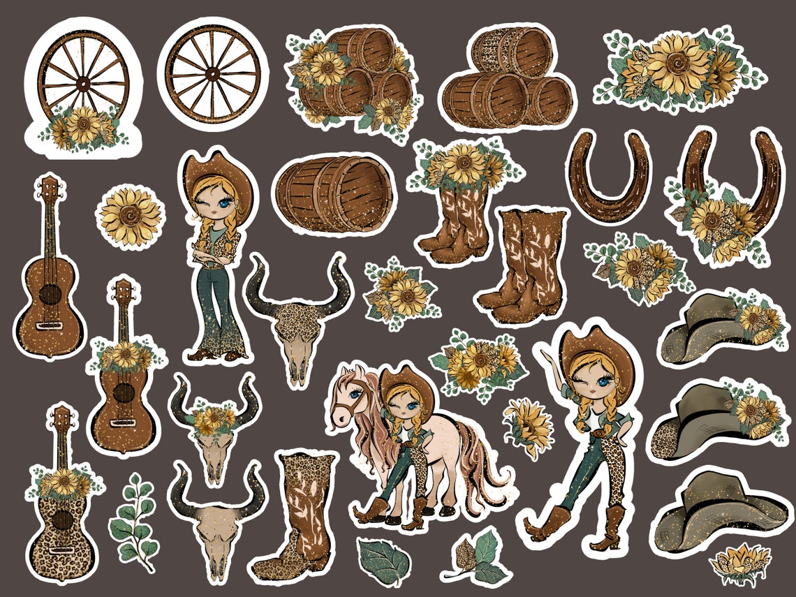 Country Western Printable Sticker Sheet Print and Cut Cowgirl - Etsy