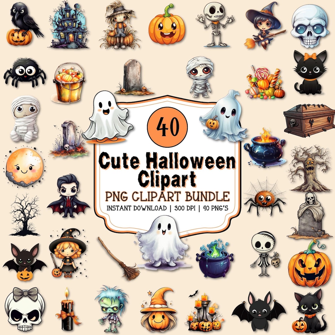 Cute Halloween Clipart, Halloween PNG Bundle, Witch Ghost Skeleton ...
