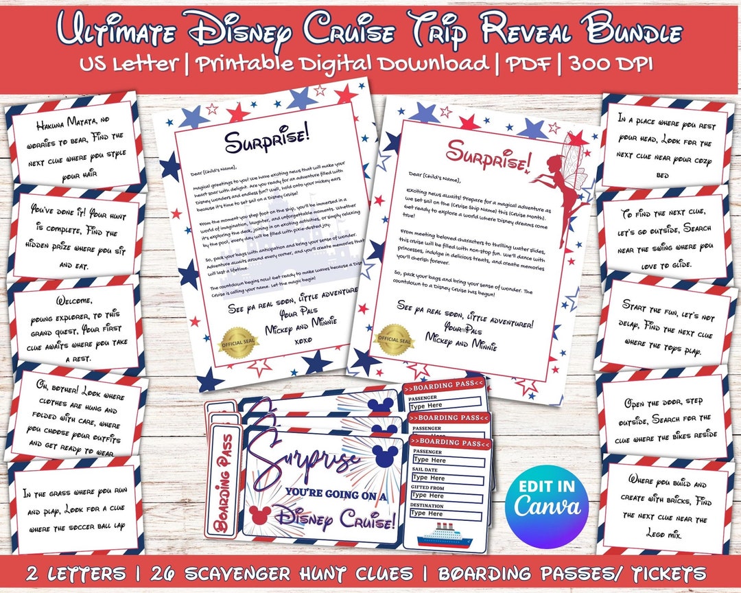 Disney Cruise Trip Reveal Bundle, Scavenger Hunt, Editable Tickets ...