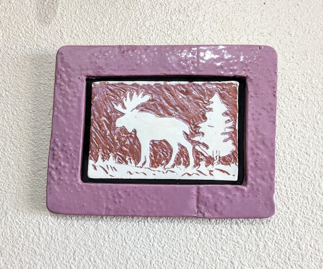 Ceramic Framed Moose Tile, Moose Sgraffito Tile, Pink Ceramic Framed ...