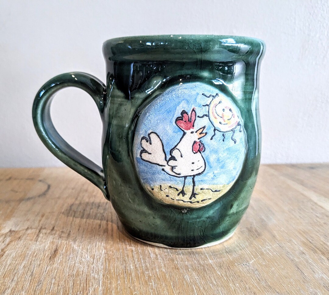 Green Chicken Coffee Cup, Rooster Mug, Bird Cup, Hand Painted Cup, Farm ...