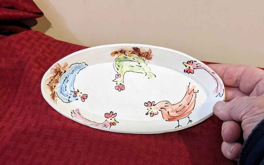 Chicken Tray, Farm Animal Dish, Handmade Decorative Tray, White Clay ...