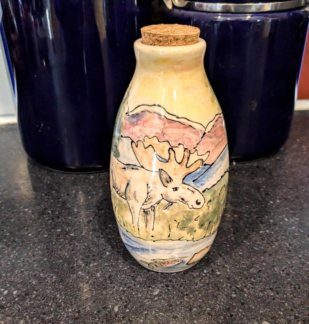 Handpainted Moose Ceramic Bottle With Cork, Mountain Landscape - Etsy