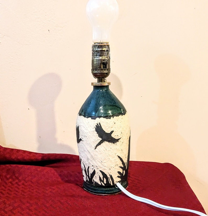 Handmade Pheasant Hunting Ceramic Table Lamp, Bird Hunting Sgraffito ...