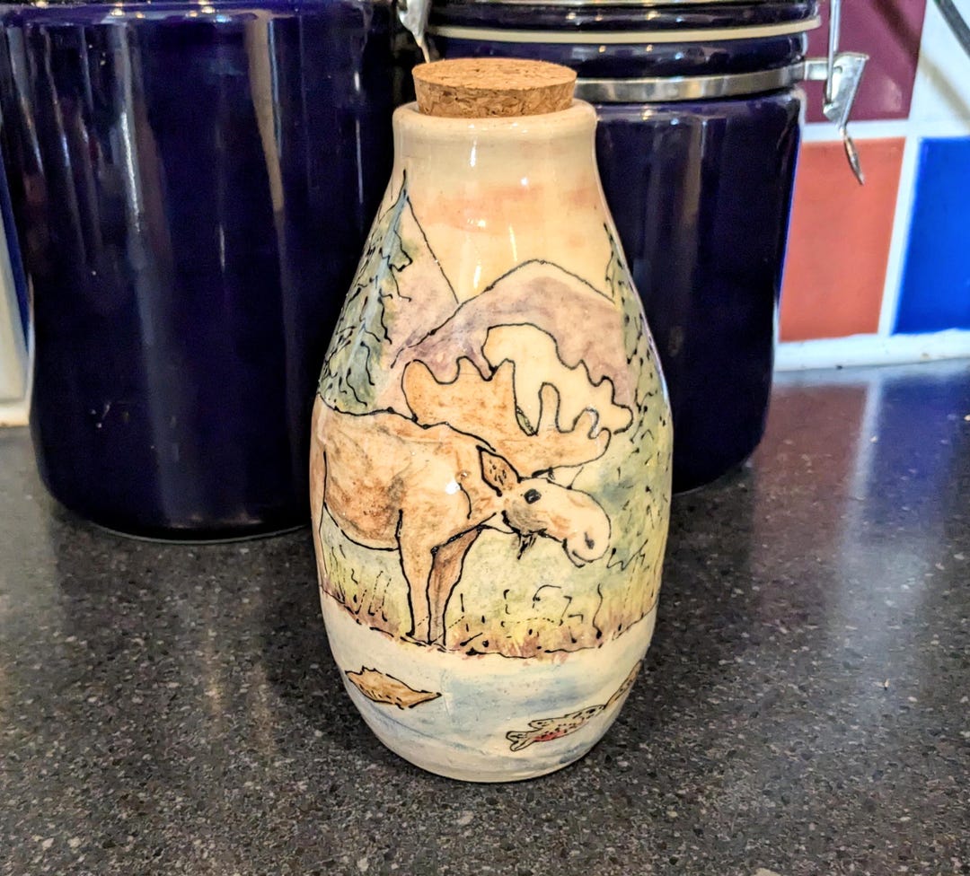 Moose Bottle With Cork, Moose in Woods Jar, Handpainted Moose, Ceramic ...