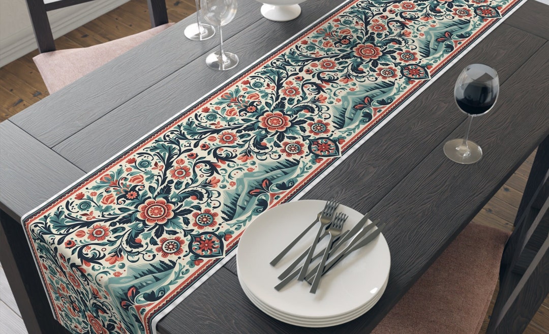 Elegant Rosemaling Table Runner Captivating Norwegian Heritage Design ...