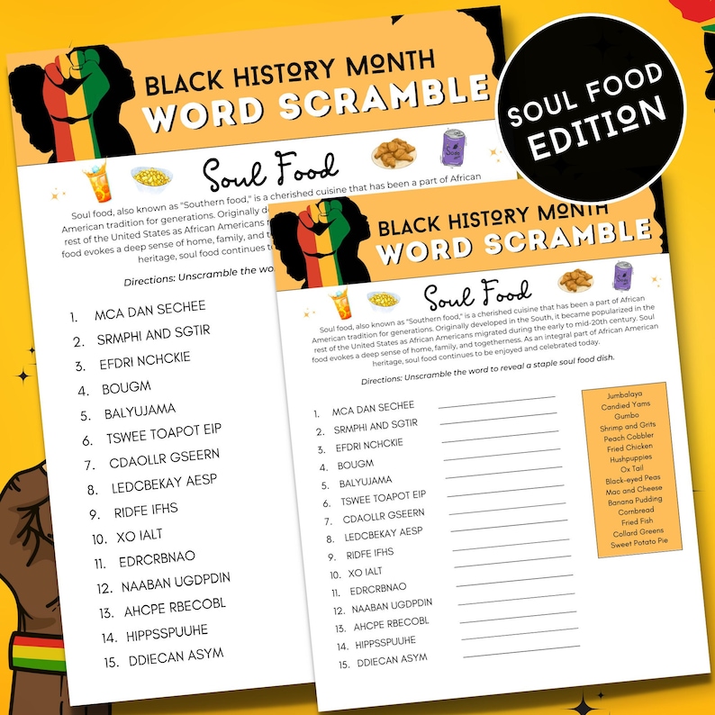 Black History Word Scramble Soul Food Edition | Black History Month ...