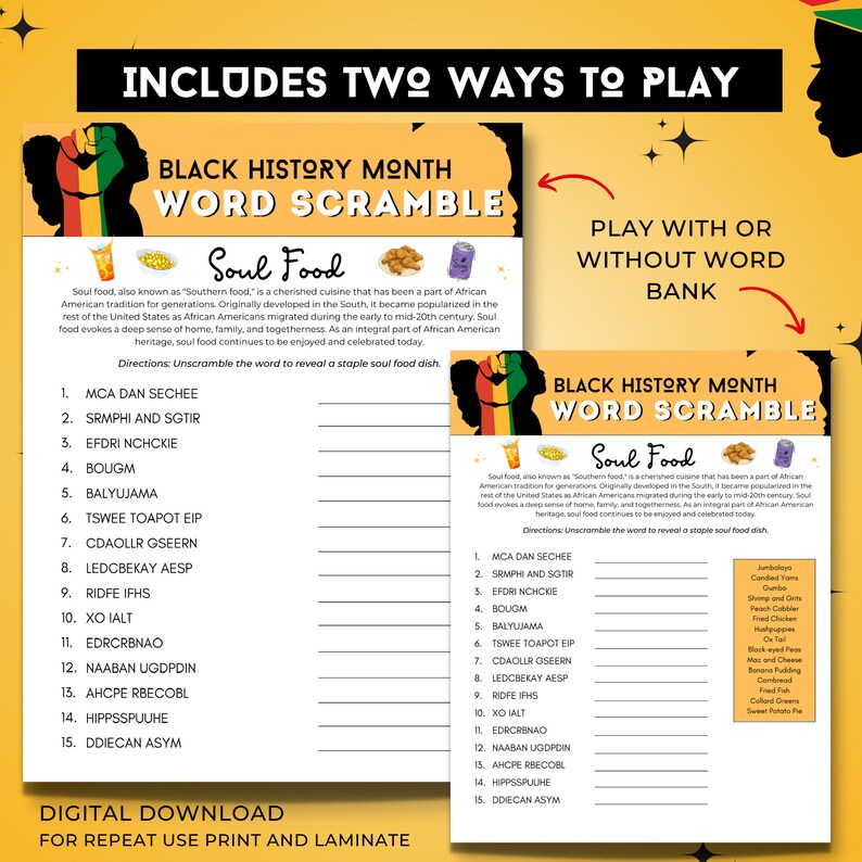 Black History Word Scramble Soul Food Edition | Black History Month ...
