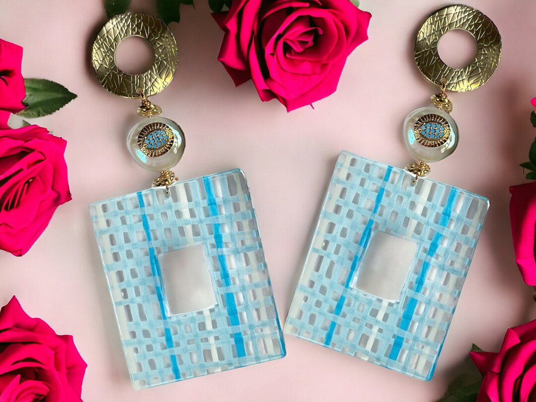 Handmade Large Blue Weave Rectangle Aesthetic Drop Dangle Gold Stud Freshwater Connector Pearl ...