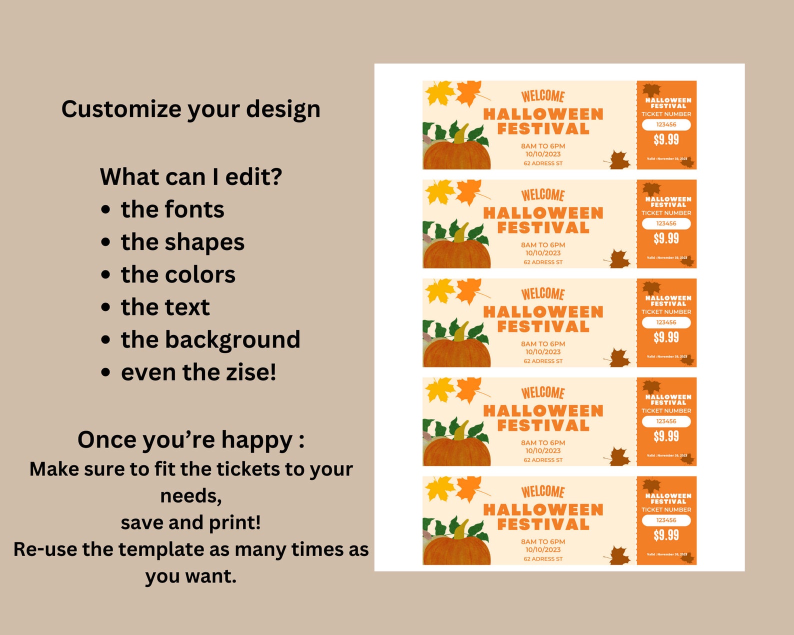 Ticket Template Editable Event Ticket Fall Festival Tickets 2023 ...