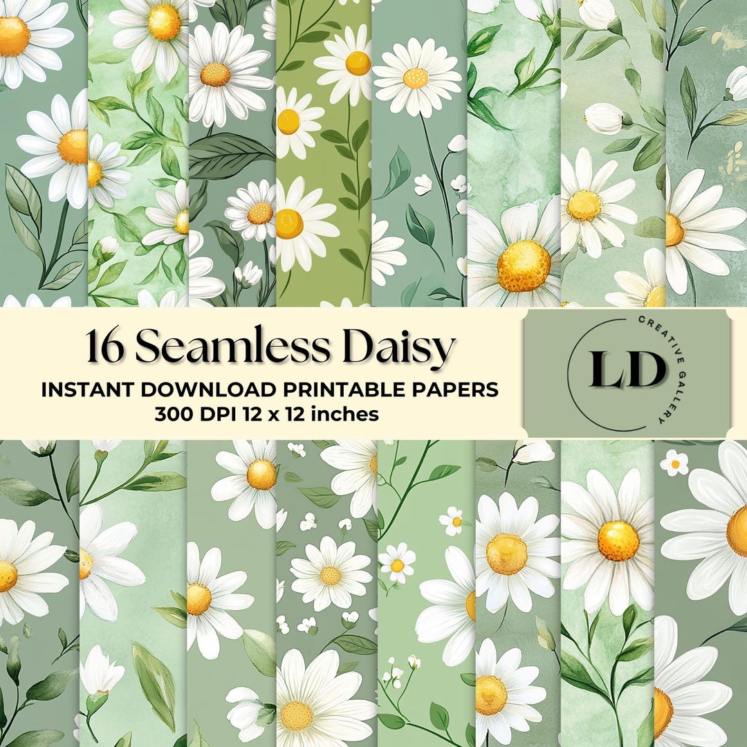 16 Seamless Watercolor Daisy Floral Pattern Digital Papers, Flower ...