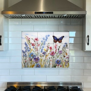 Butterfly Wildflower Ceramic Tile Backsplash - Floral Wall Art - Etsy