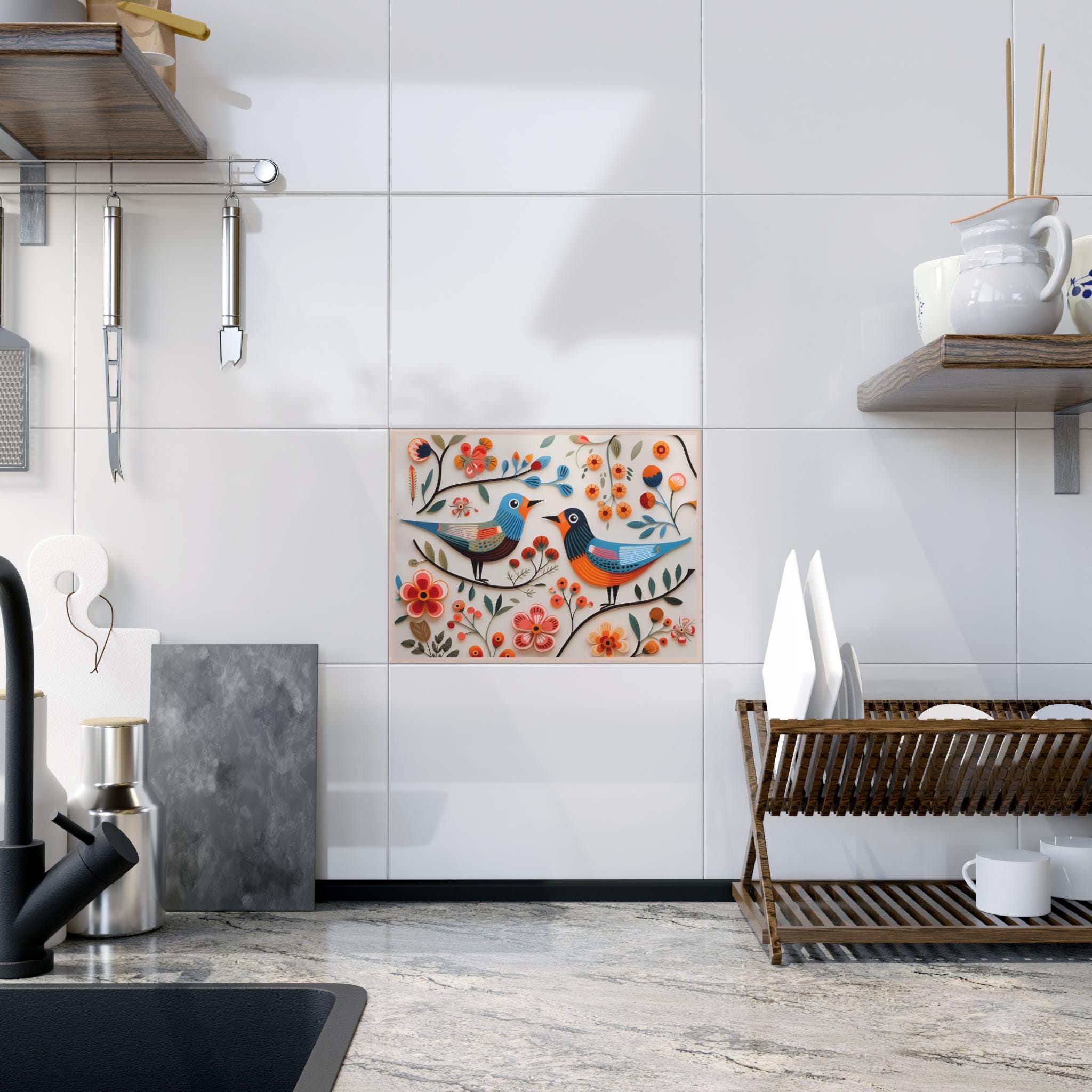 Ceramic Backsplash -scandinavian Birds Tile Mosaic. - Etsy