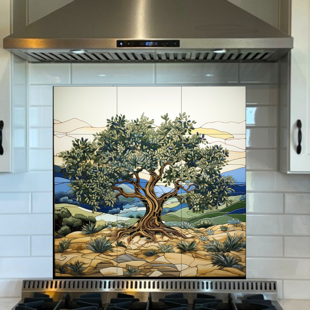 Olive Tree Tile Mural: Mediterranean Countryside Mosaic - Etsy